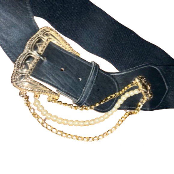 Accessories | Trendy Wide Black Stretchy Belt With 3 Strands Of Chain ...